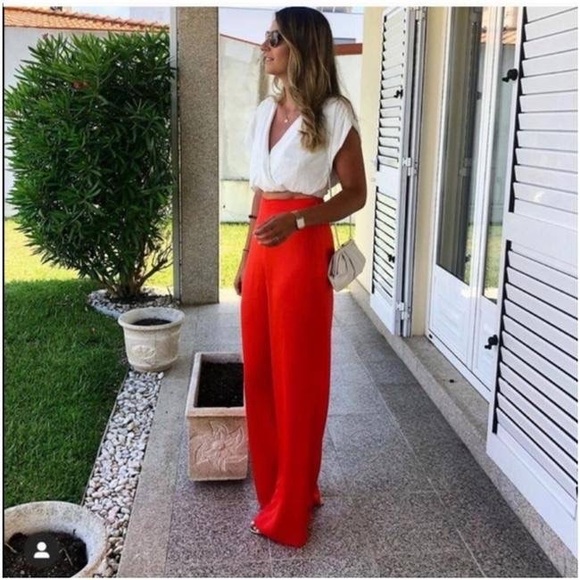 Zara | Pants & Jumpsuits | Zara Red High Waisted Extra Long Semi Skinny ...